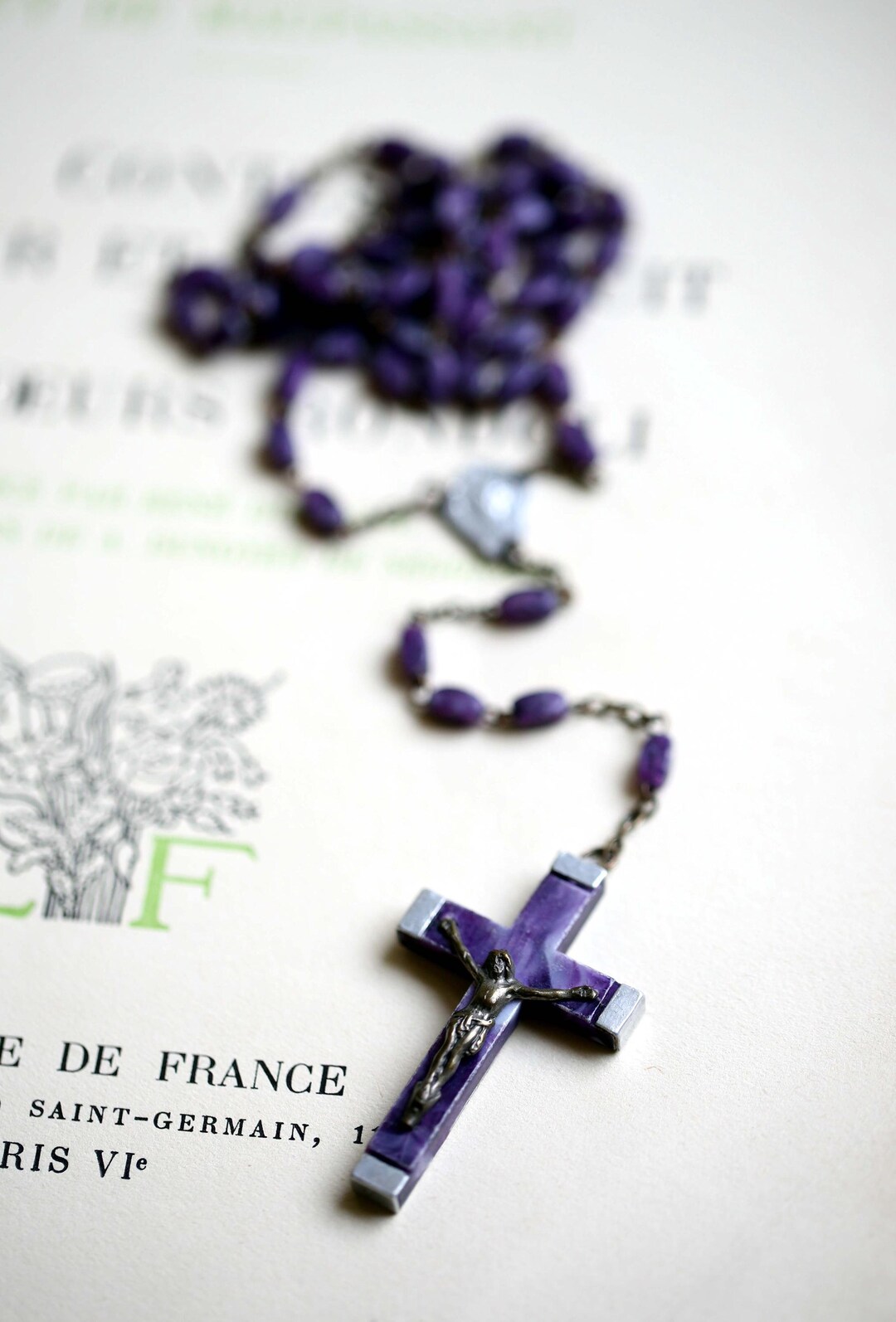 Antique Crucifix Purple Semi Precious Stones Rosary Beads Vintage Art ...
