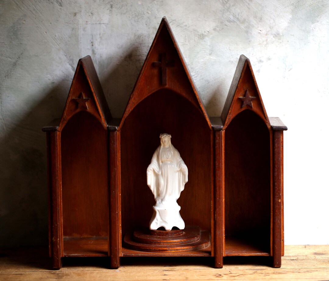 French Reliquary & Porcelain Mary Statue Religious Display Cabinet ...