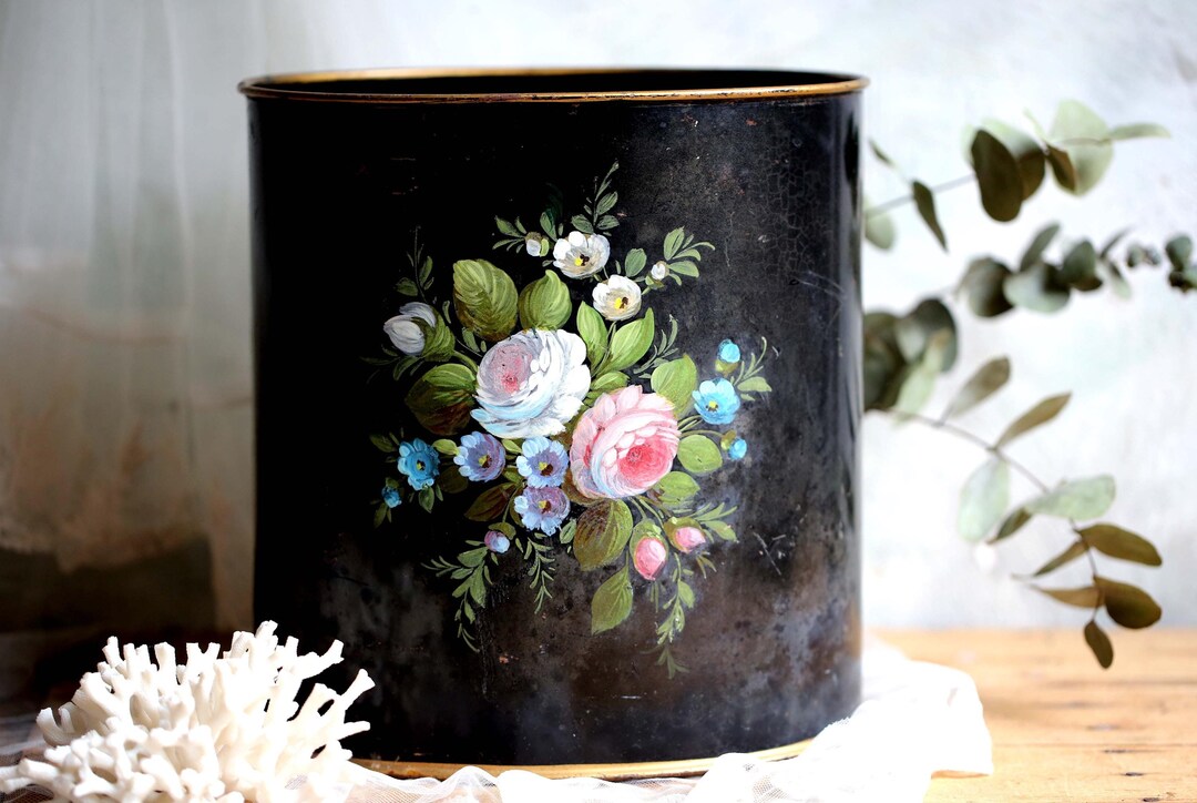 French Tole Bin Antique Toleware Hand Painted Floral Black Waste Paper ...