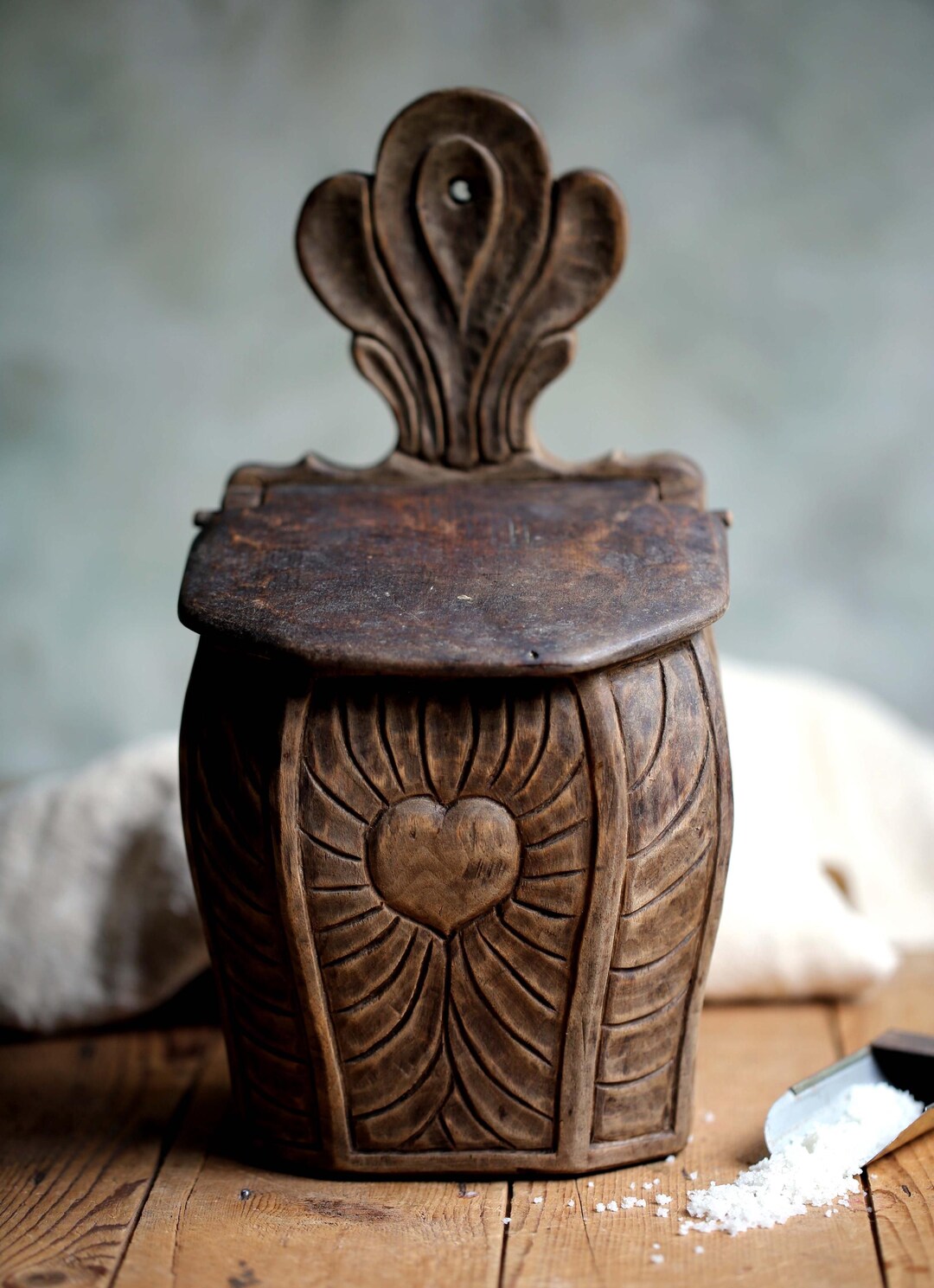 Large Antique Salt Box Primitive Hand Carved Wooden Folk Art Salt ...