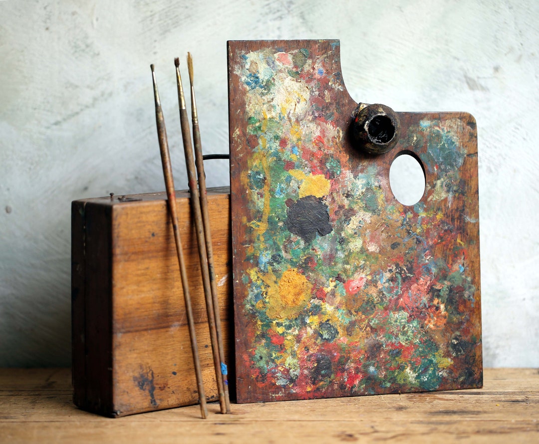 Antique French Artist's Case With Pallet & Oil Paints Wooden Artists ...