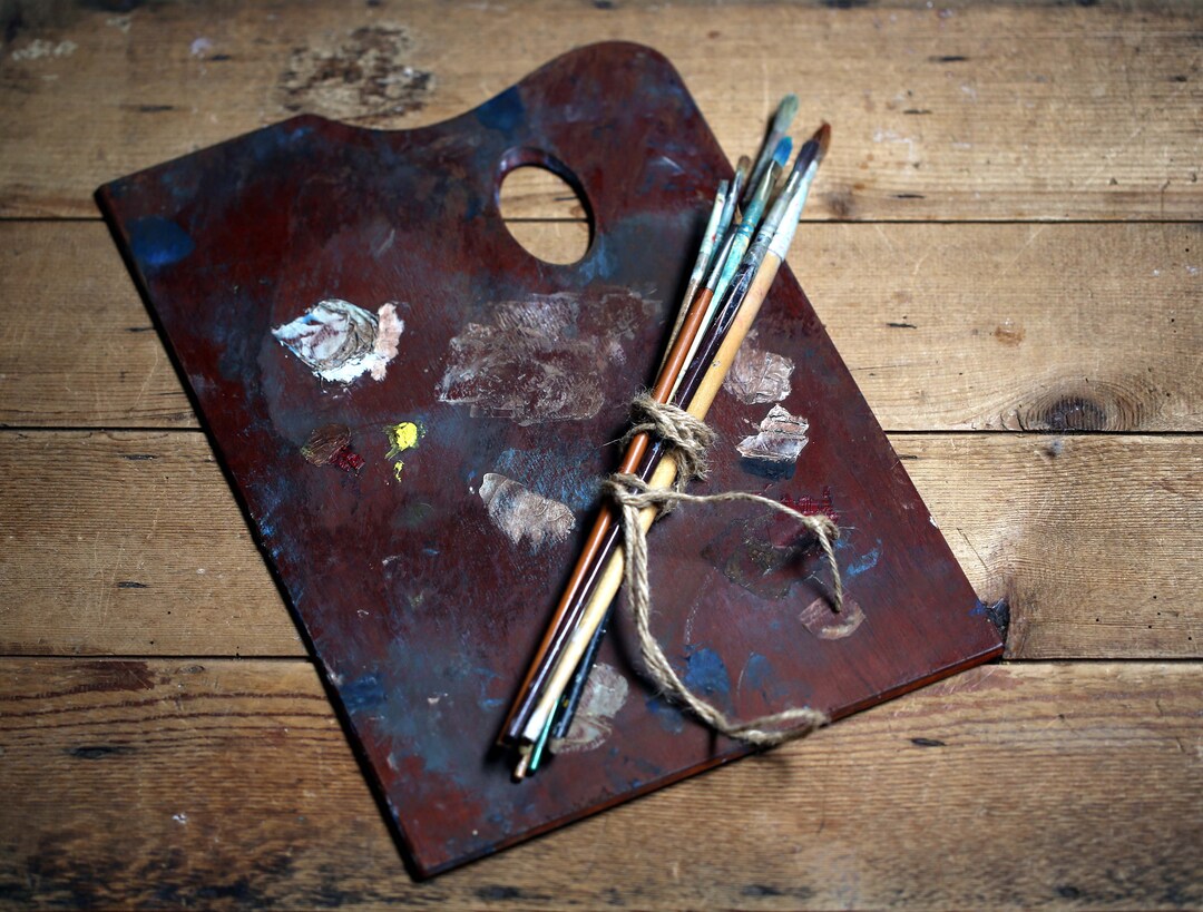 Antique French Artist's Pallet & Paintbrushes Wooden Paint Mixing Board ...