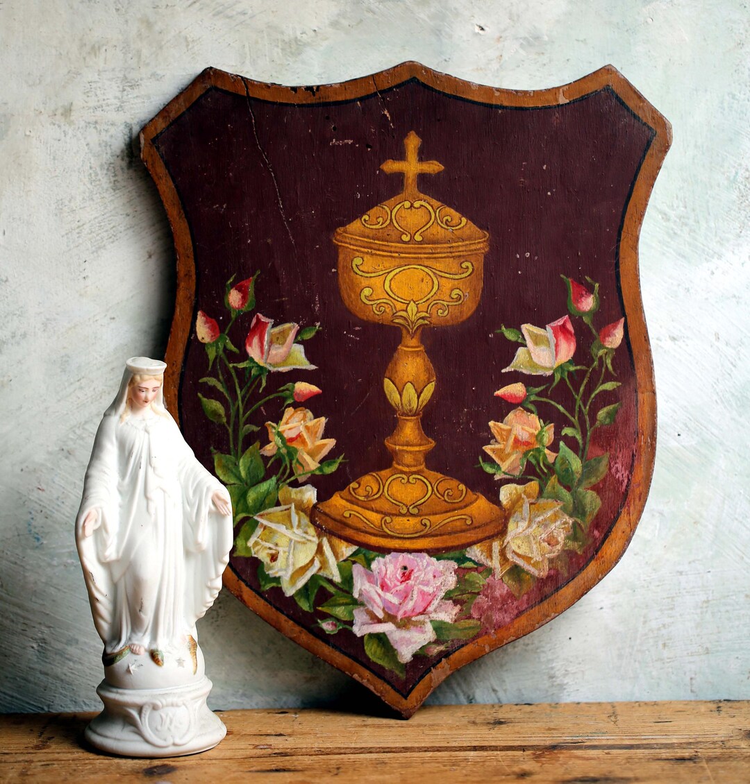 Antique Wooden Shield With Chalice & Crucifix Religious Painted Panel ...
