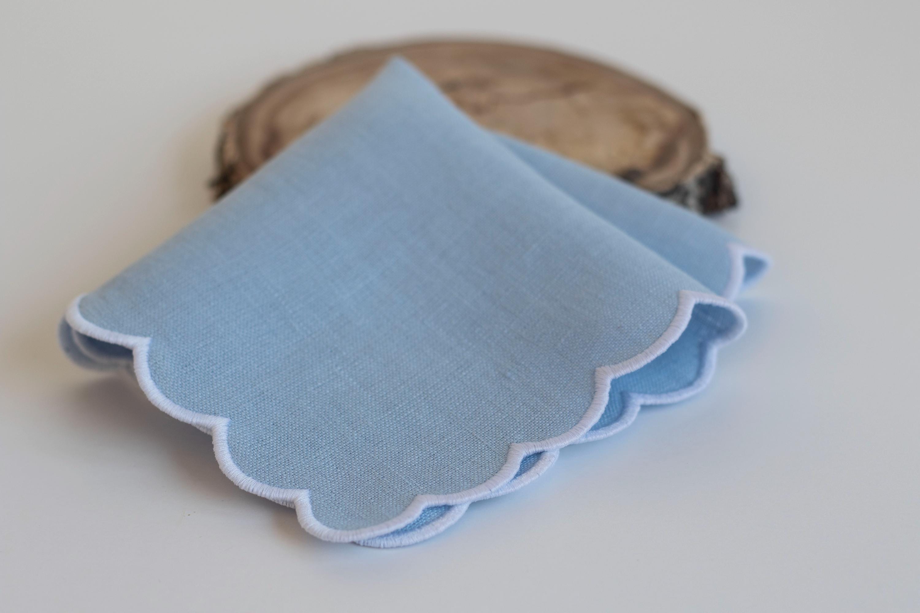 Baby Blue Linen Bridal Handkerchief – 10x10'' Scalloped Edge in White ...