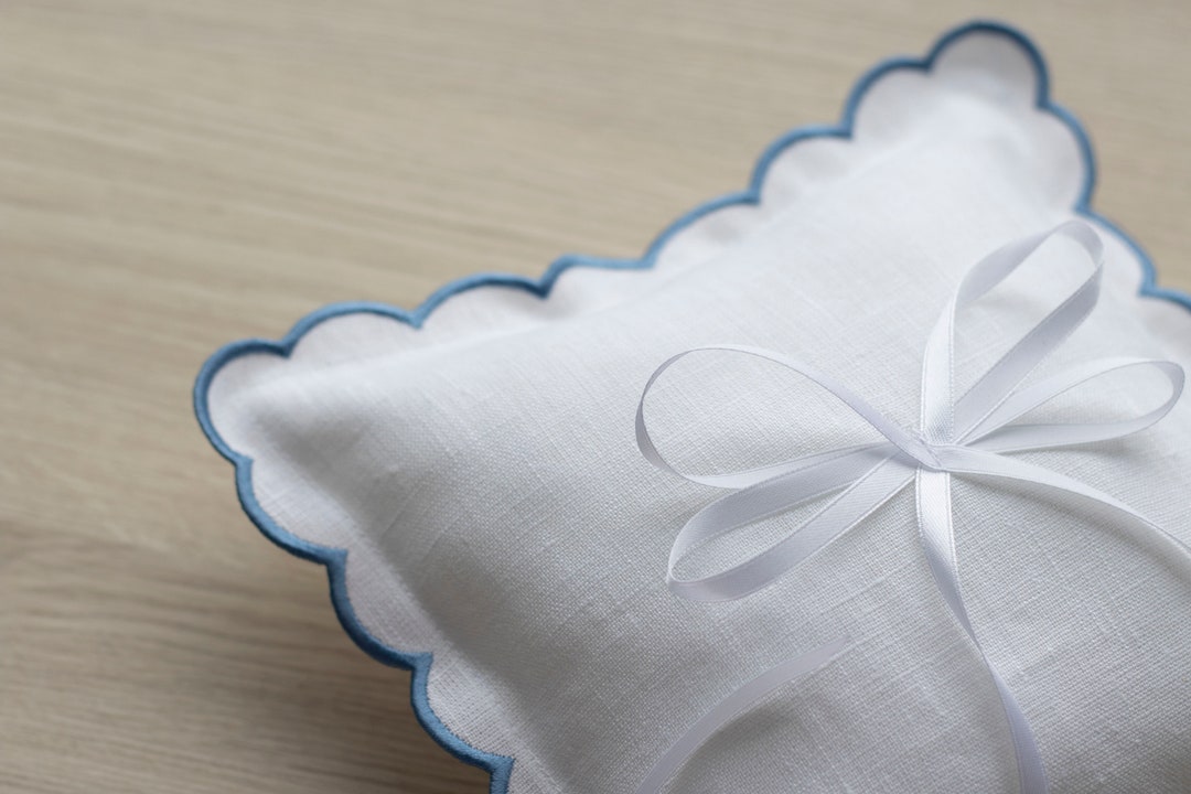 Linen Wedding Ring Cushion With Scalloped Edges - 9x9 Inches (23x23cm ...