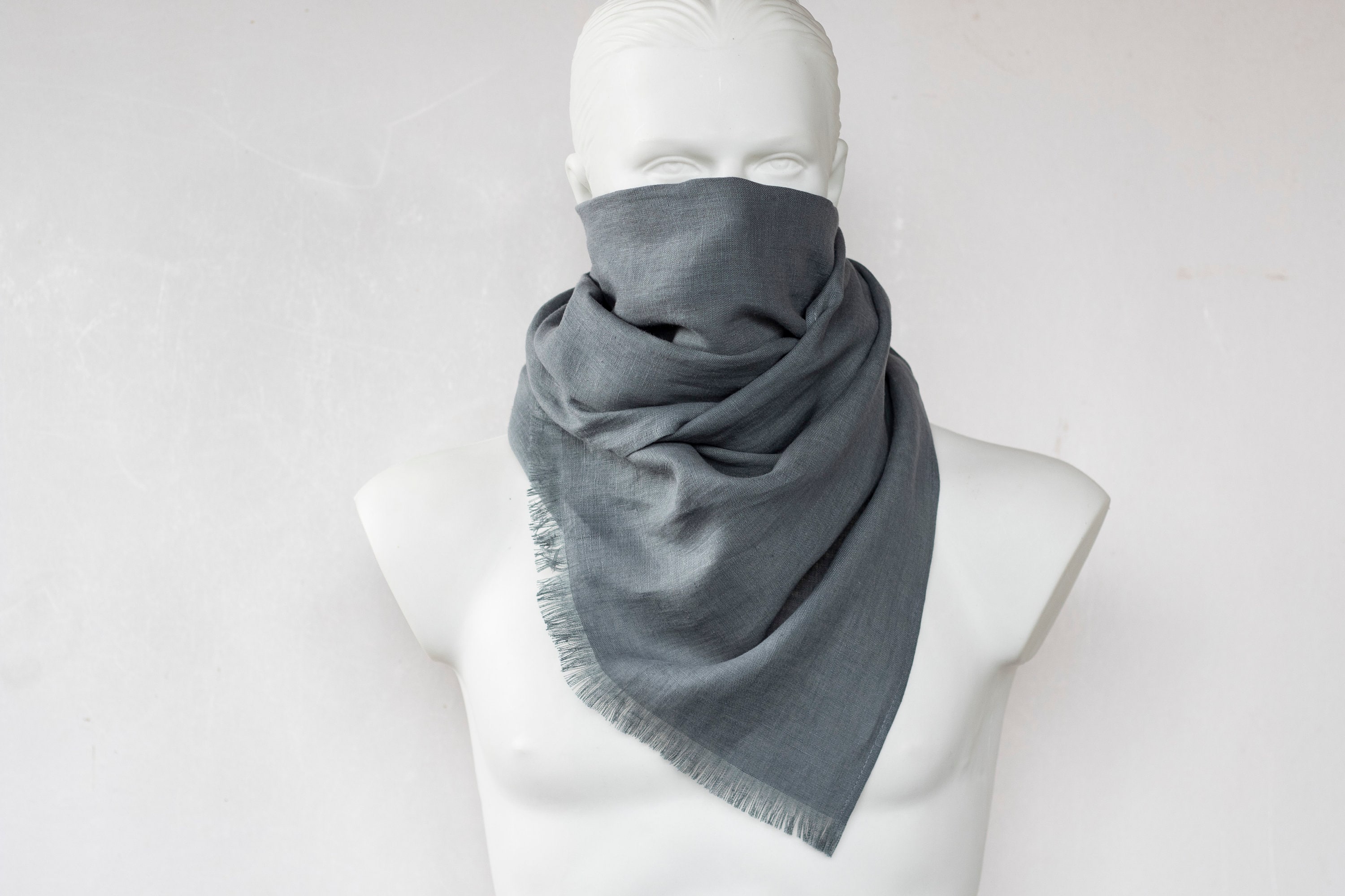 Gray face mask Oversized linen scarf Grey line headwrap | Etsy