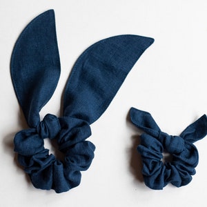 Navy Blue Bow Scrunchie Hair Wrap Linen Scrunchie With Bow Knot ...