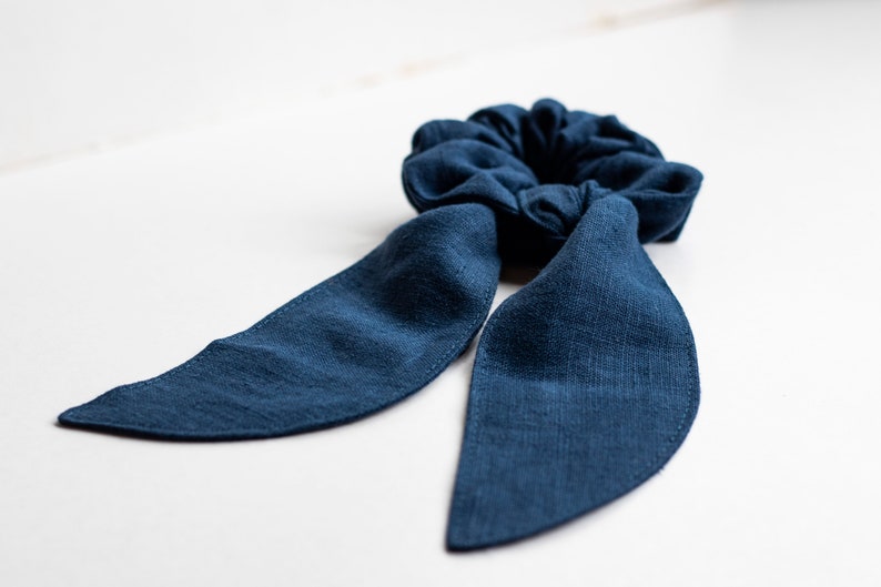 Navy blue bow scrunchie Hair wrap Linen scrunchie with bow | Etsy