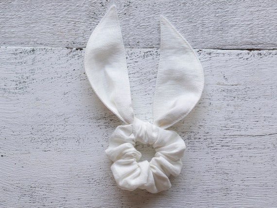 White scrunchie Hair wrap Linen scrunchie with bow Knot | Etsy