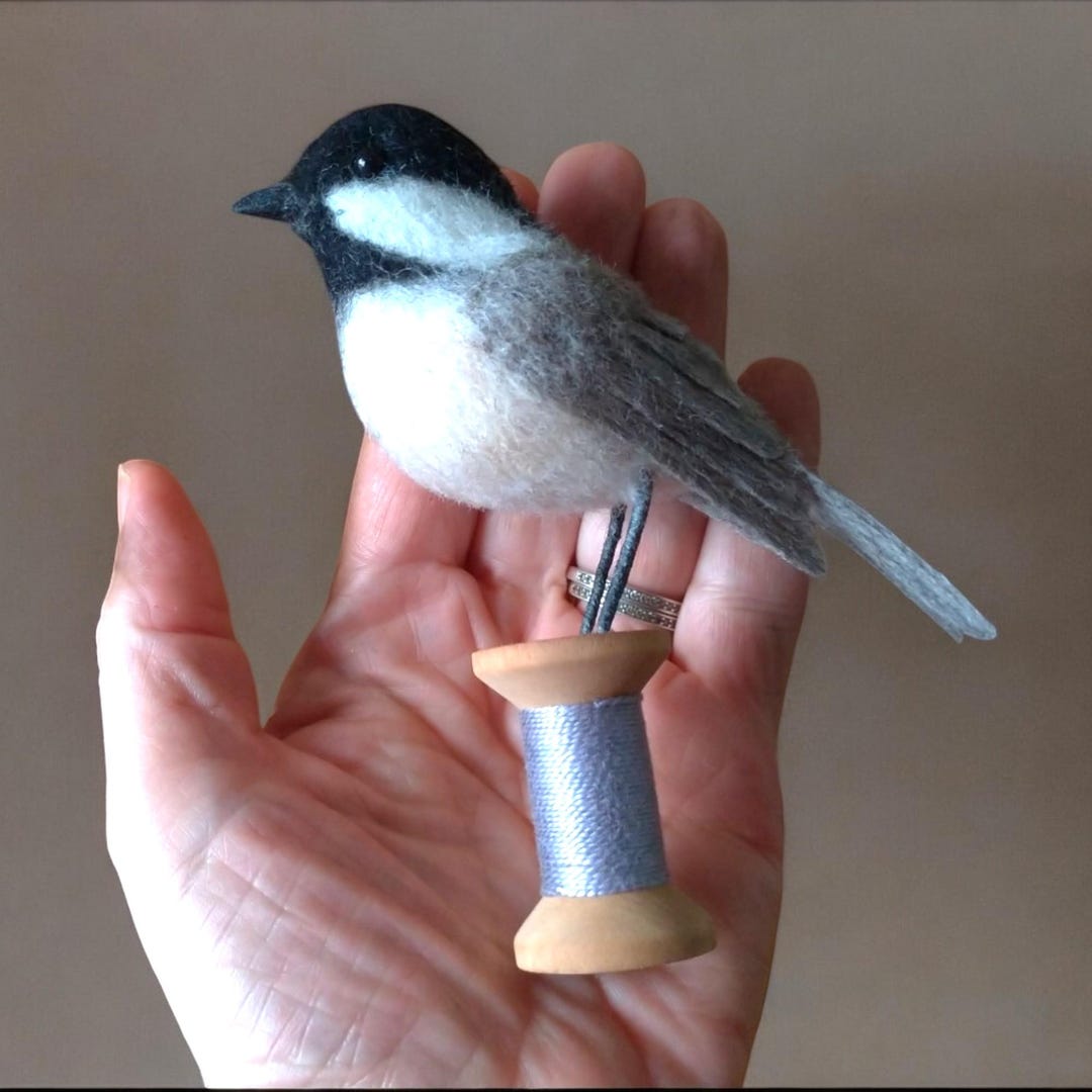 Felted Chickadee Bird Ornament: Wool Sculpture on Wooden Spool - Etsy