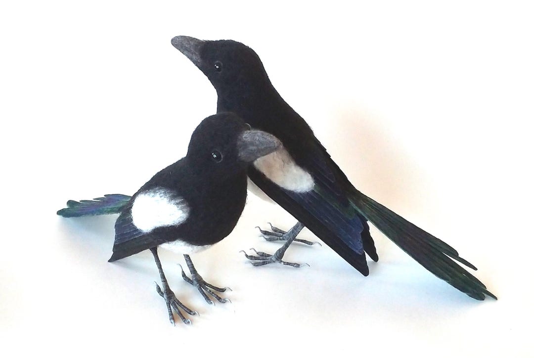 Needle Felted Magpie Sculpture: Handmade Wool Corvid Decor - Etsy