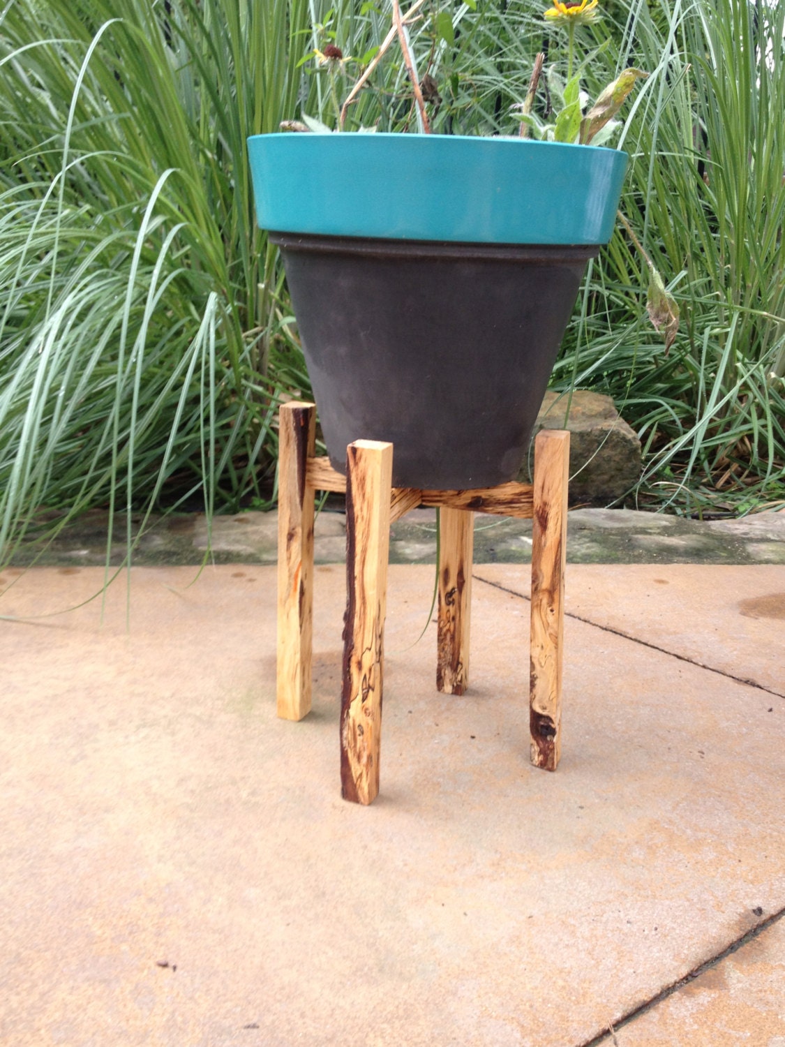Spalted Solid Wood Plant Stand | Rustic-mid Century Indoor Pot Planter ...