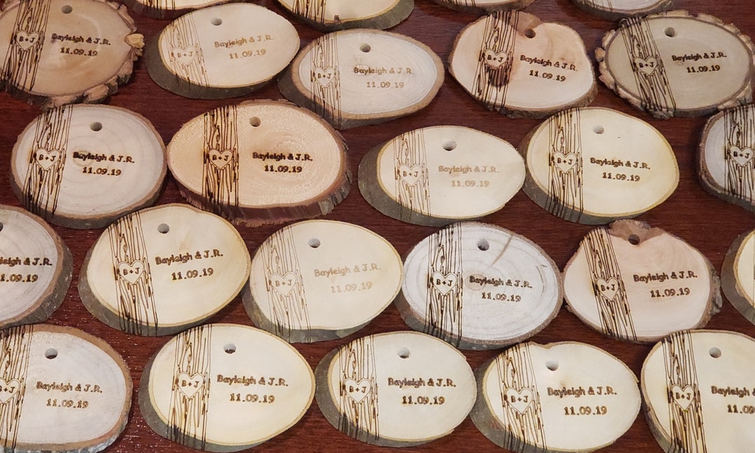 Custom Engraved Wood Slices 60-100 | Personalized Wooden Wedding Gift ...