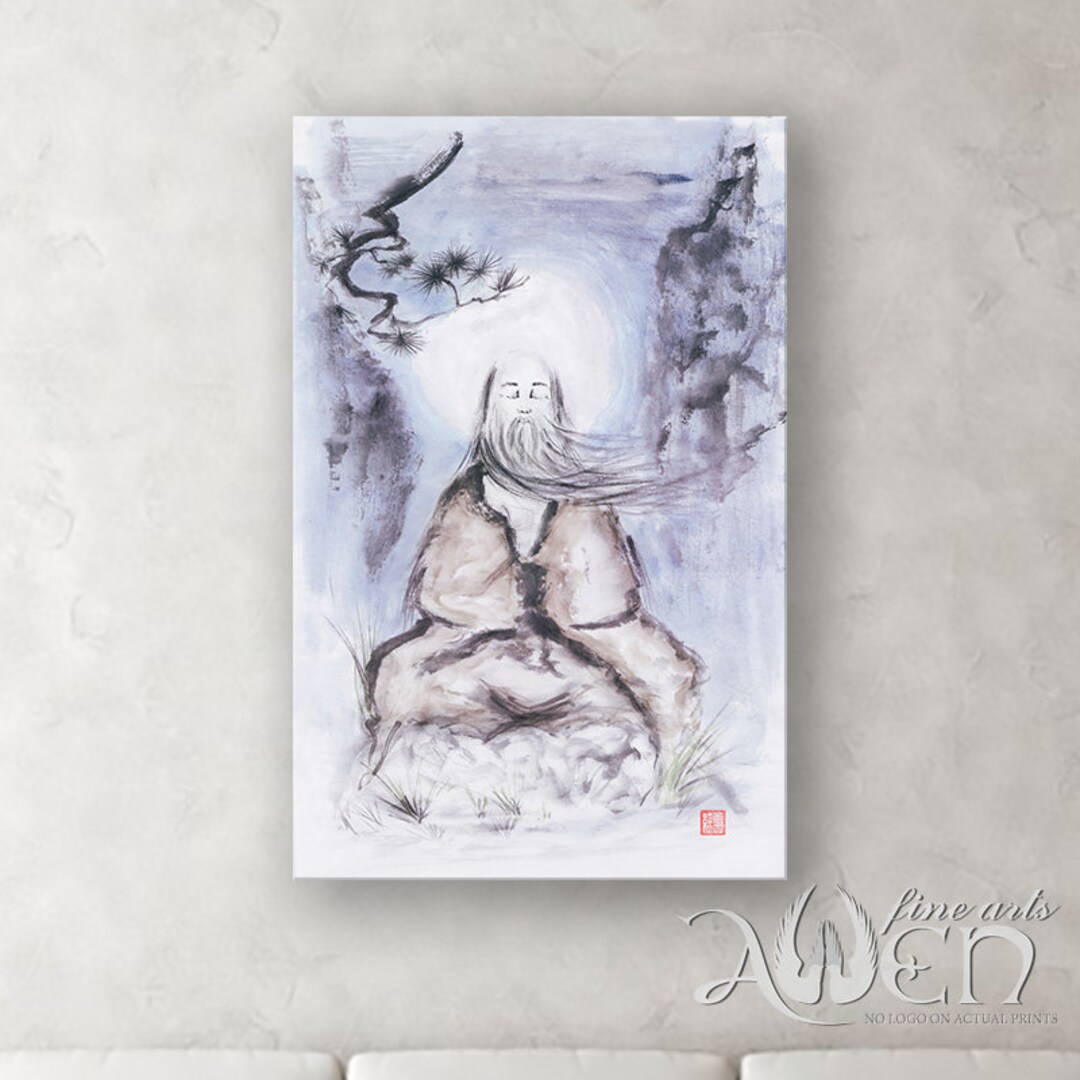 Print of an Old Sage Meditating Under Pine Tree Sumi-e Zen Ink Painting ...