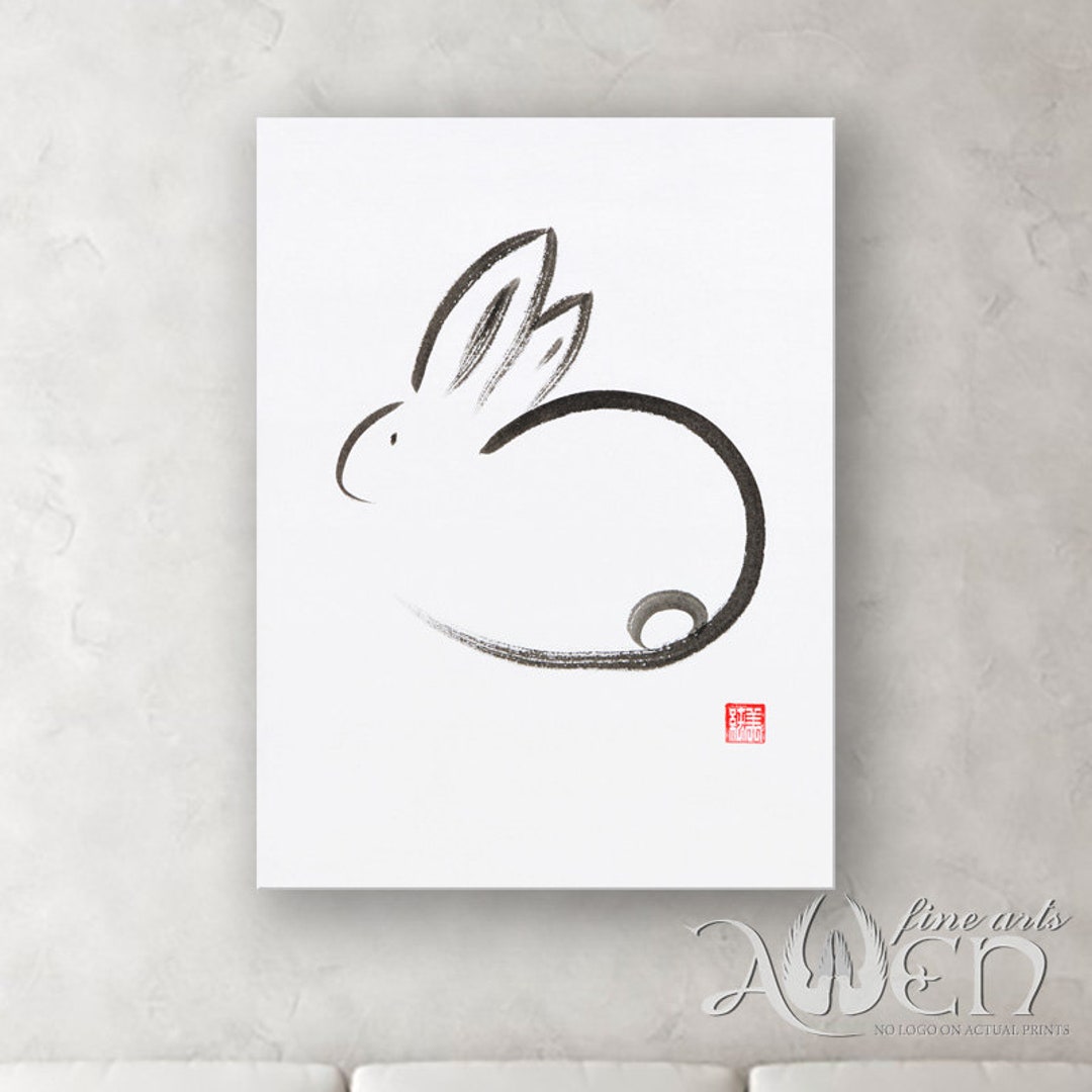 Canvas or Art Print of a Cute Minimalistic Zen Bunny Rabbit Sumi-e Ink ...