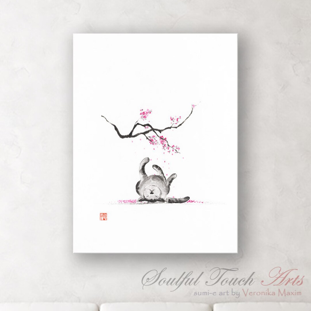 Lazy Funny Fat Cat Rolling Under Sakura Tree Art Print Wall - Etsy