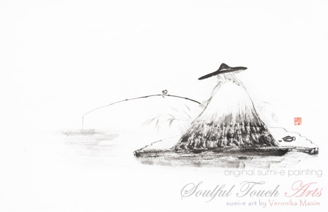 Original Sumi-e Ink Rice Paper Sage, Lao Tzu, Old, Fishing, Chinese ...