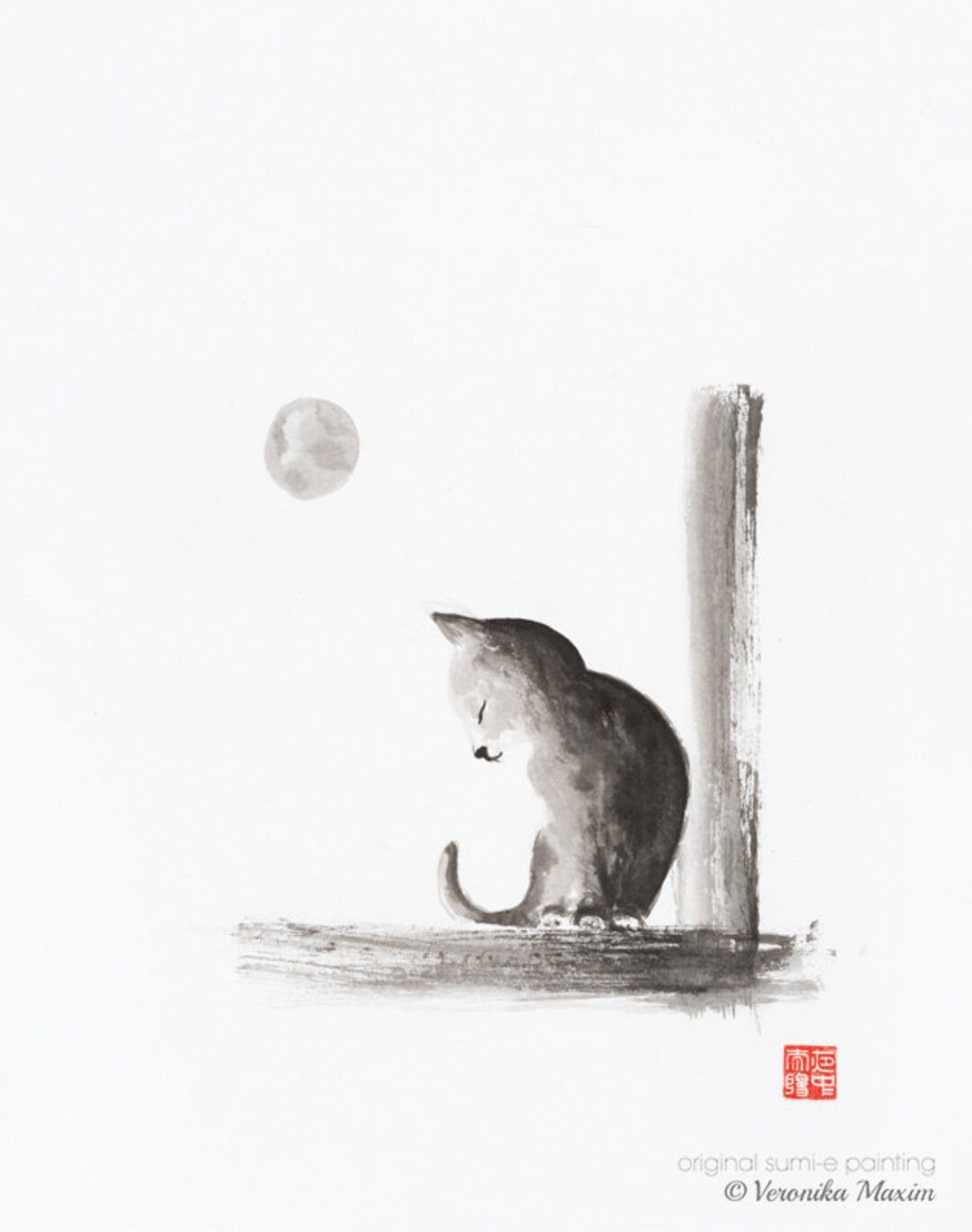 Original Sumi-e Ink on White Rice Paper Zen Painting of a Cat and the ...