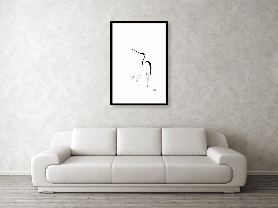Heron Painting,heron Sumi-e Painting, Sumi-e Painting, Zen Wall Art ...