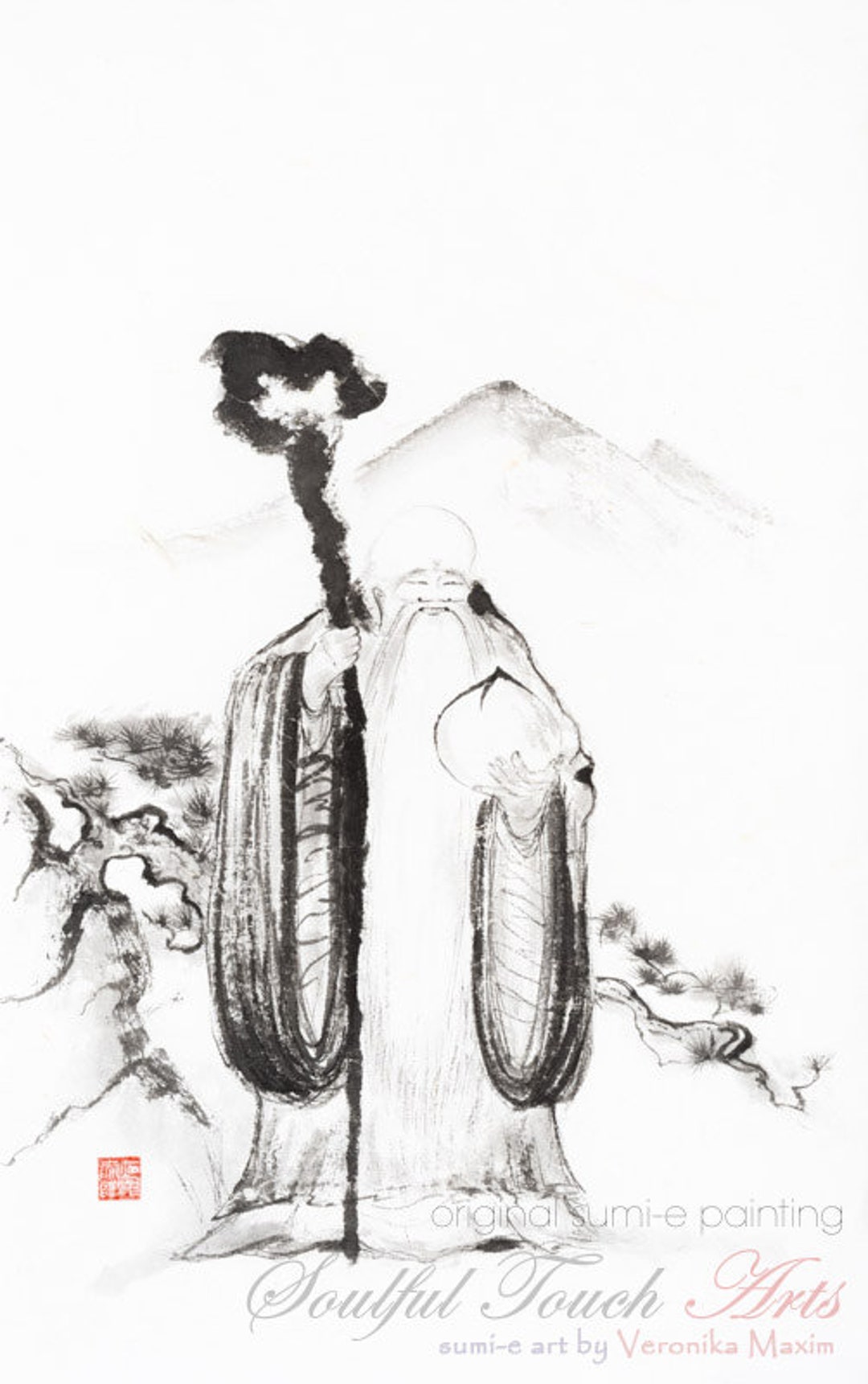 Original Sumi-e Ink on White Rice Paper Shou Lao, Saint, God of ...