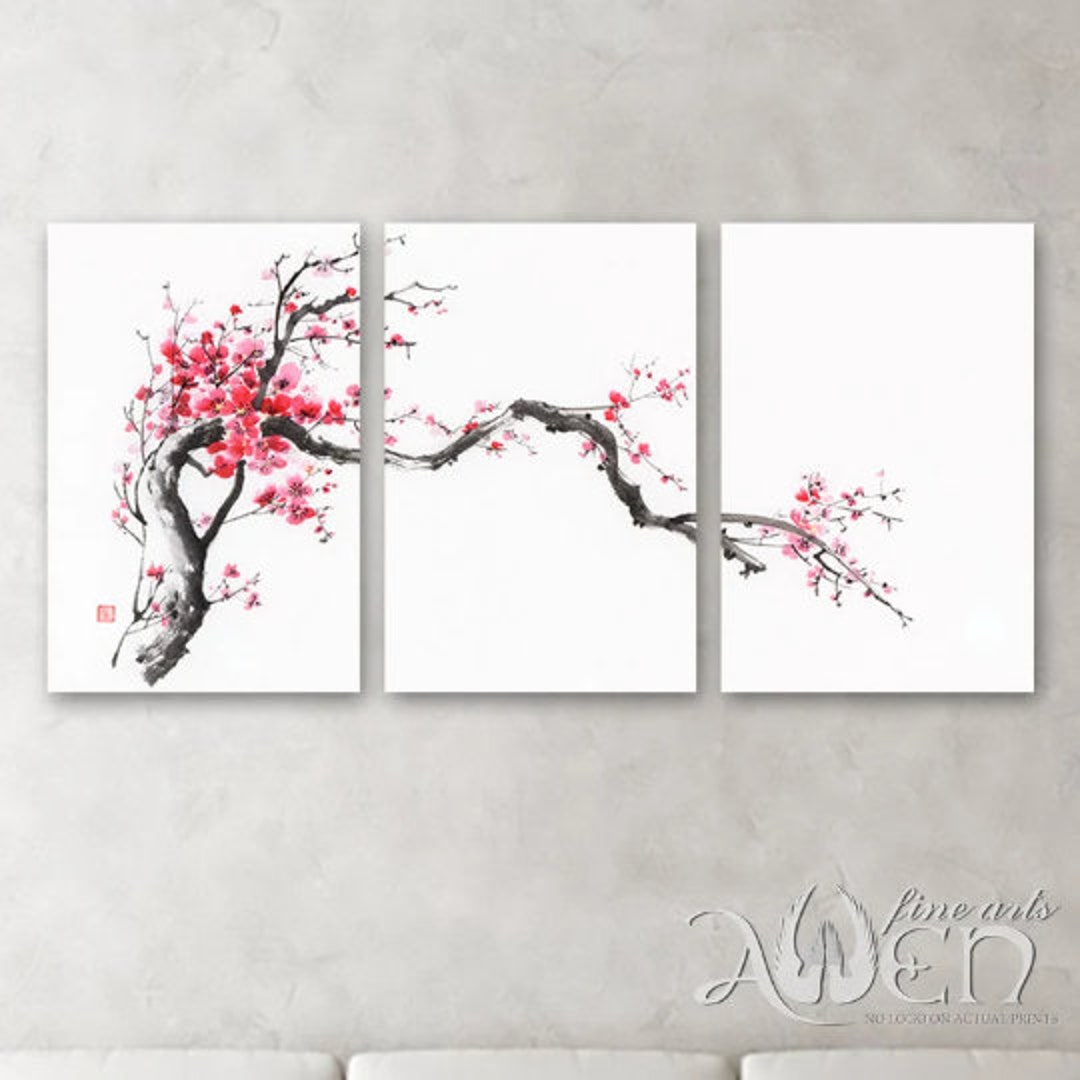 Cherry Blossom Chinese Brush Painting Set of Three Canvas Prints, Zen ...