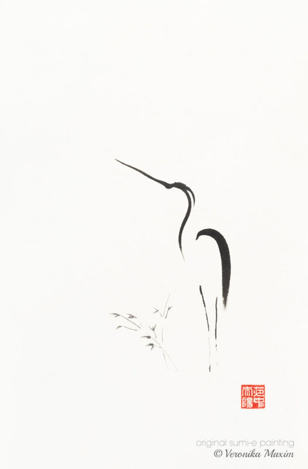 Original Sumi-e Ink on White Rice Paper Zen Painting of Heron and ...
