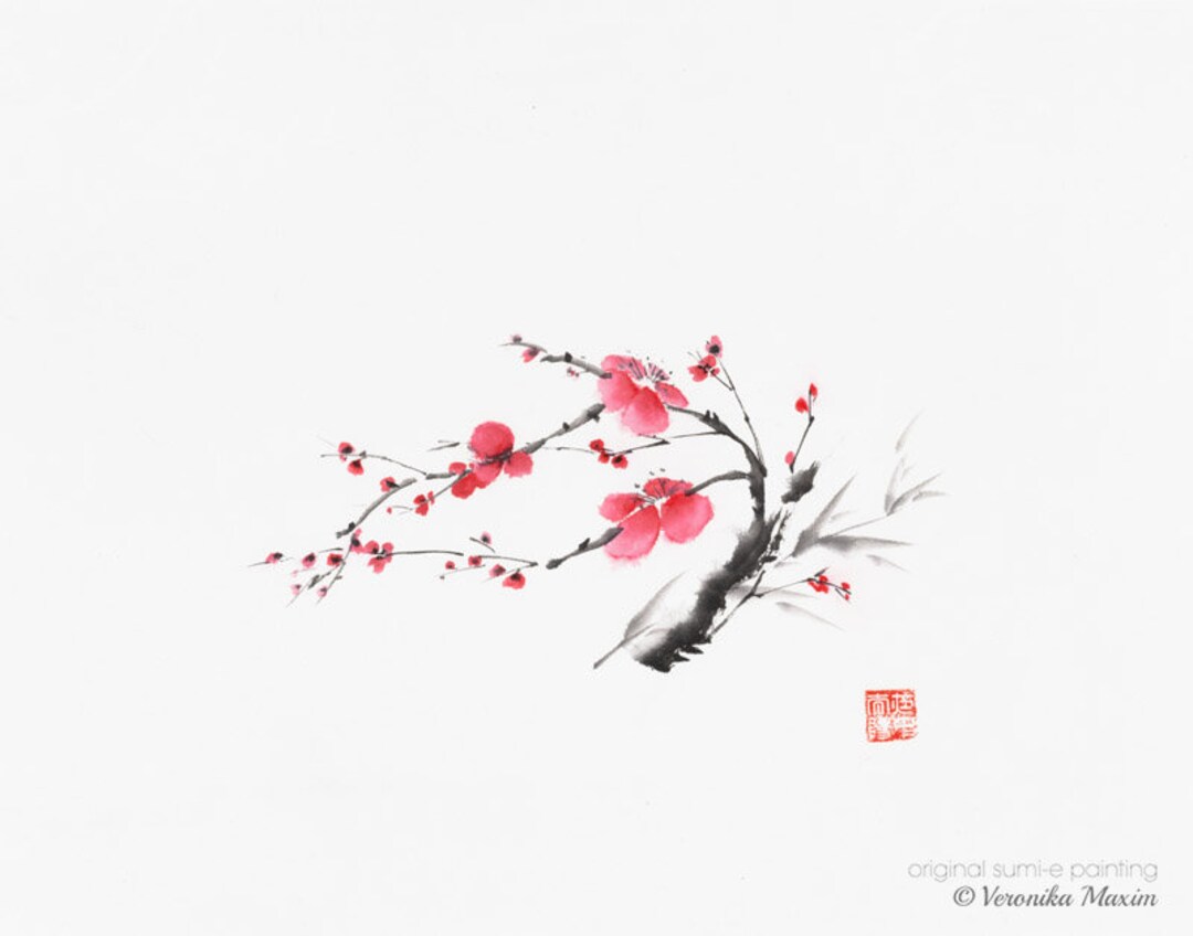 Original Sumi-e Ink on White Rice Paper Zen Painting of a Crooked Red ...