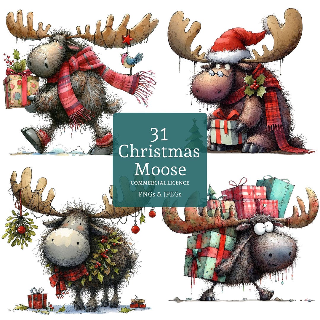 Christmas Moose Clipart 31 Pngs/jpgs Quirky Moose Art, Funny Winter ...