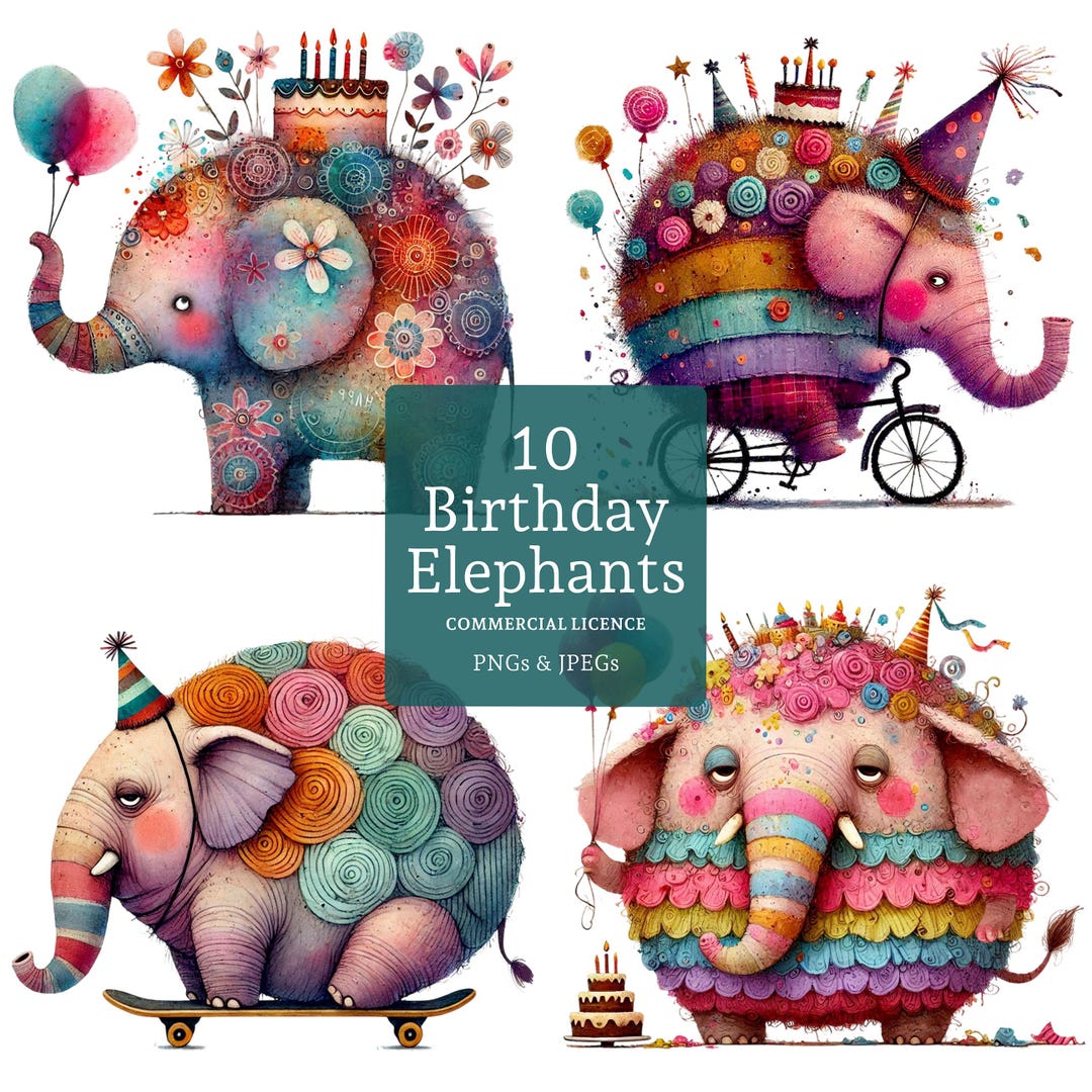 Birthday Elephant Clipart 10 High Quality Pngs/jpgs, Quirky Party ...