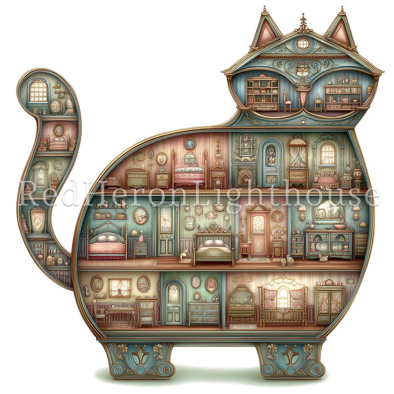 Quirky Cat Shaped Doll House Clipart, 12 High Quality Pngs/jpgs, Doll ...