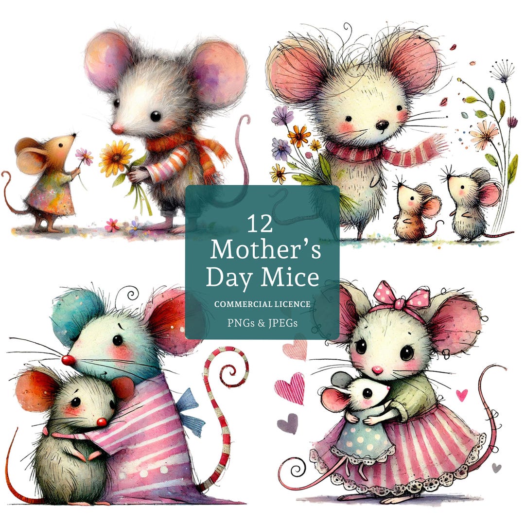 Mother's Day Mice Clipart, 13 High Quality Pngs/jpgs, Cute Mummy & Baby ...