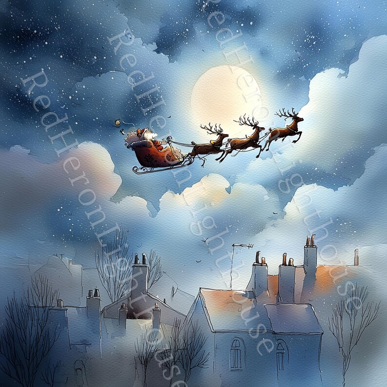 Santa Sleigh Clip Art, Watercolour Fantasy Christmas Eve Night Sky, 16 ...