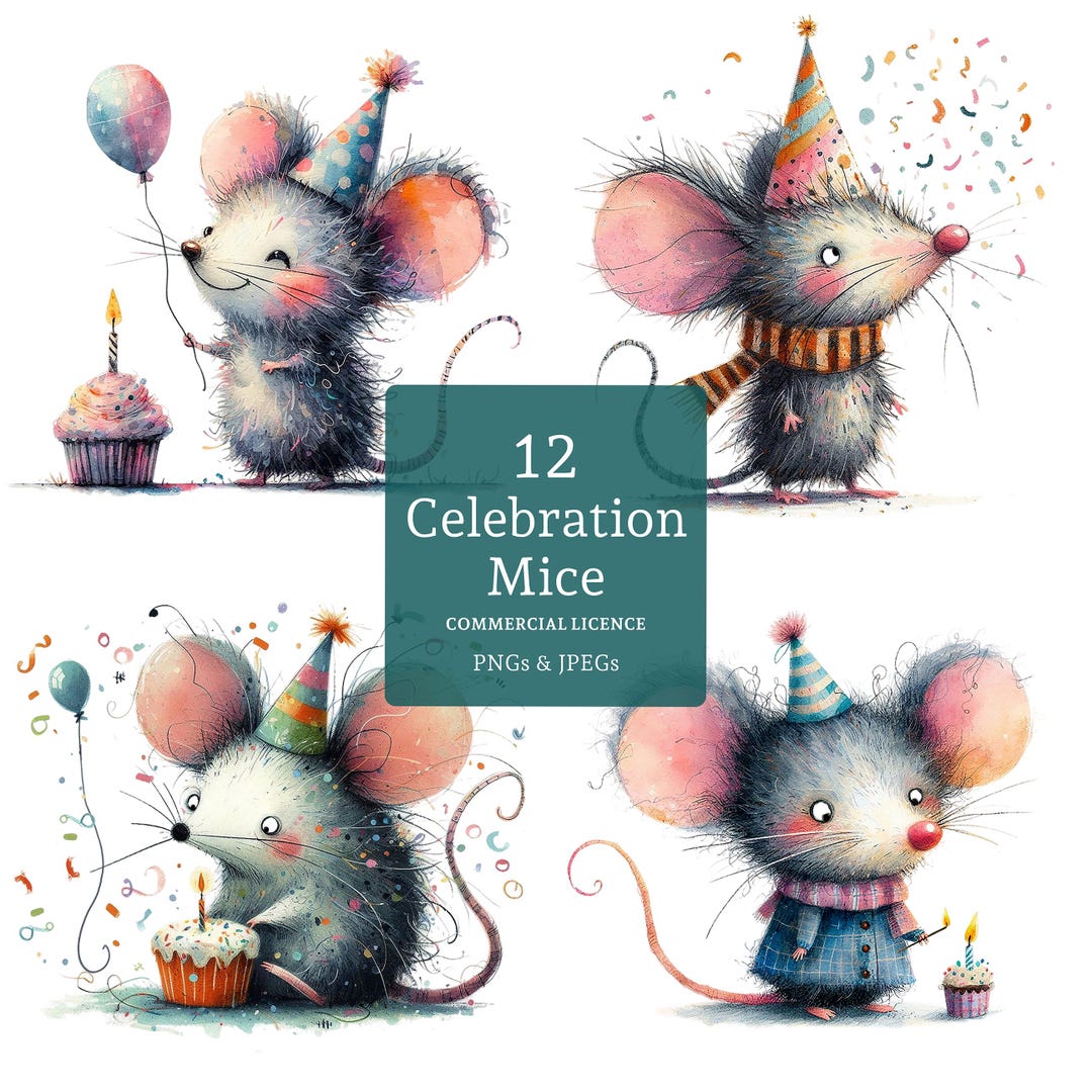 Cute Birthday Mice Clipart, 12 High Quality Pngs/jpgs Party Animal ...