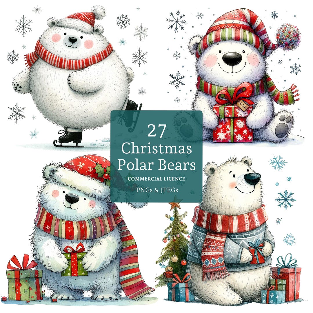 Christmas Polar Bear Clipart, 27 Pngs/jpgs, Whimsical Bear Images ...