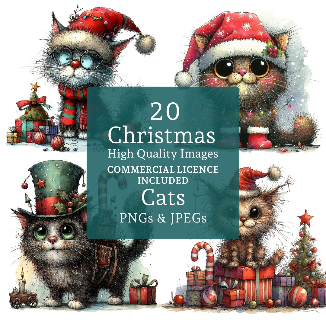 Christmas Cat Clipart 20 Pngs/jpgs, Festive Holiday Kitten Images ...