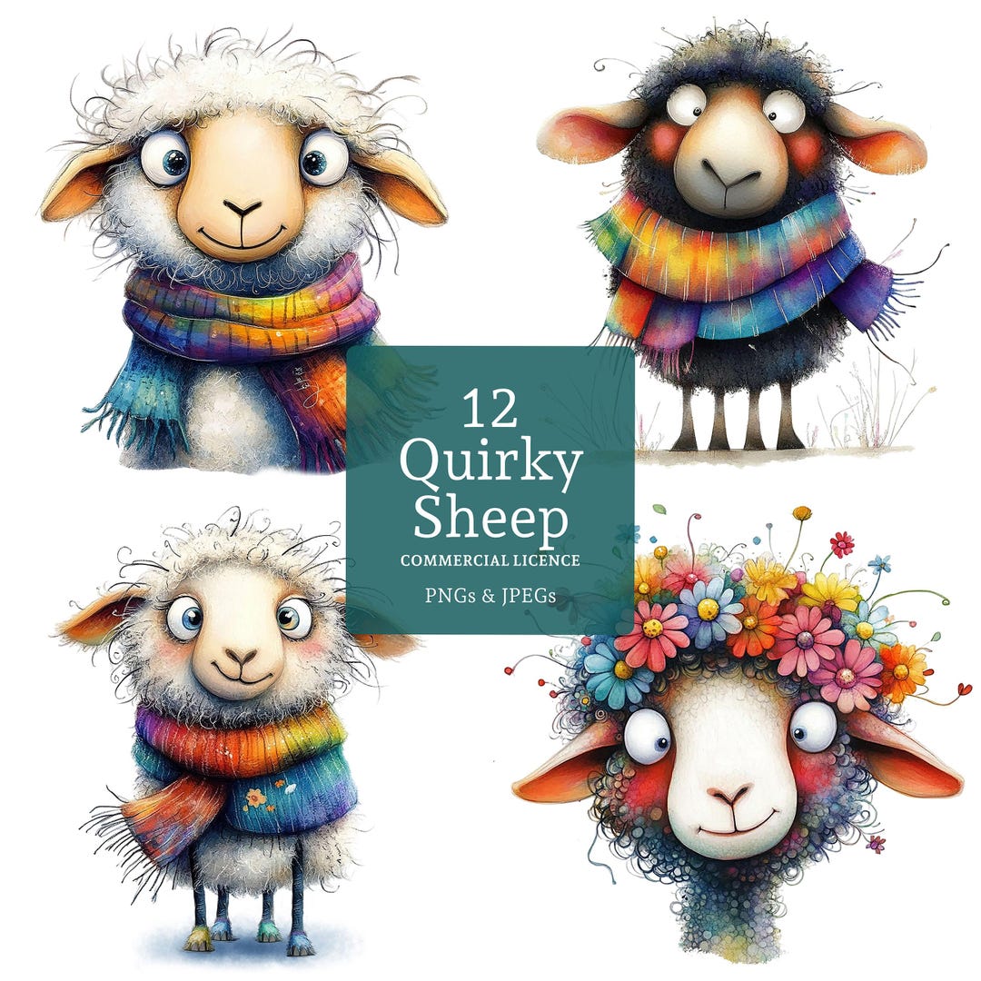 Funny Sheep Clipart, 12 High Quality Pngs/jpgs, Whimsical Farm Animal ...