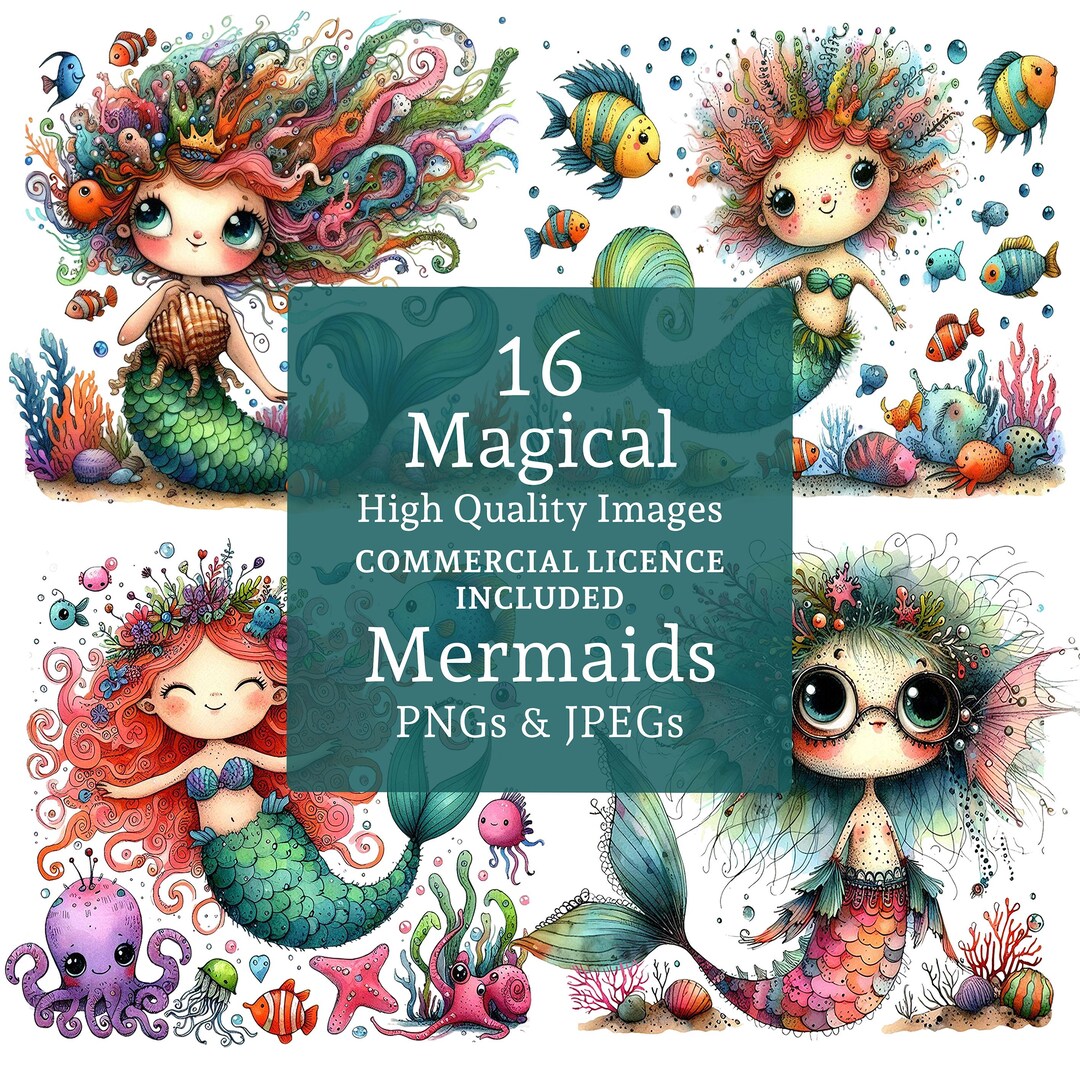 Cute Mermaid Clipart Set 16 Pngs/jpgs, Watercolour Mermaid Clipart ...
