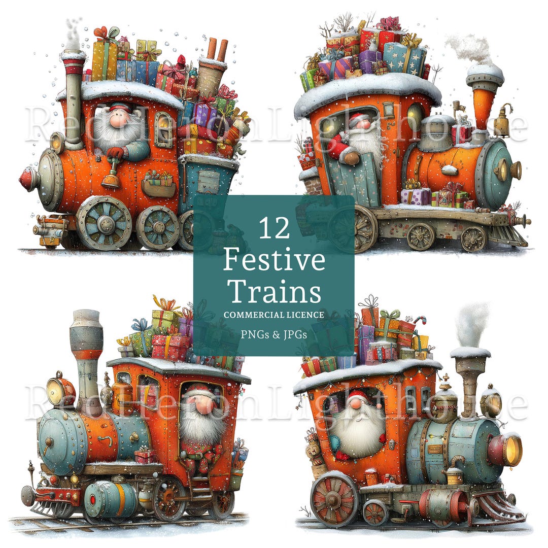 Quirky Santa Train Clipart, 12 High Quality Watercolour Whimsical ...