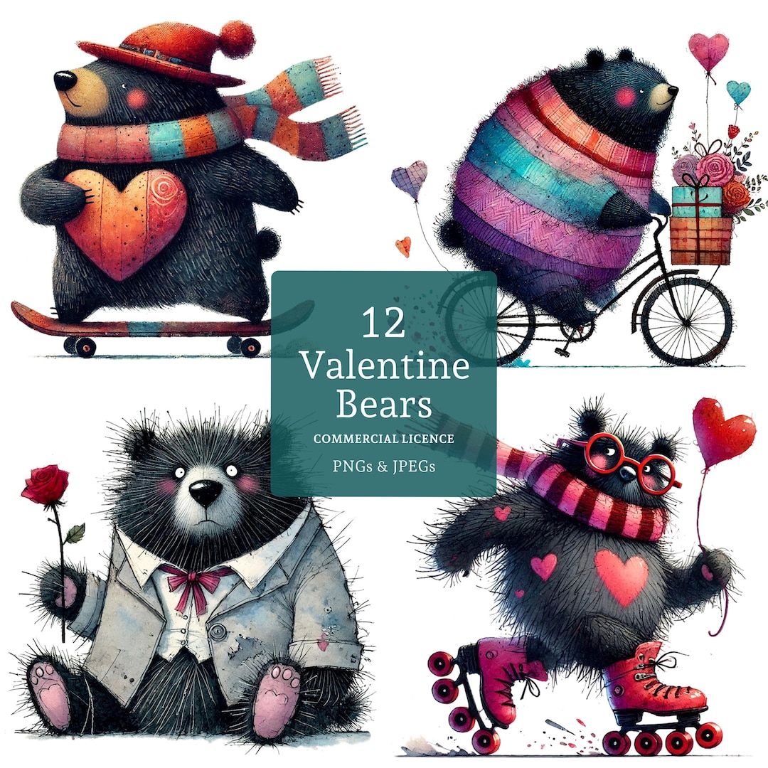 Valentine Bear Clipart, 12 High Quality Pngs/jpgs, Quirky Black Bear ...
