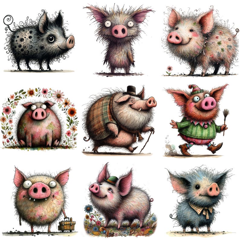 Scruffy Pig Clipart Set 24 Pngs/jpgs, Funny Pig Clipart, Quirky Farm ...