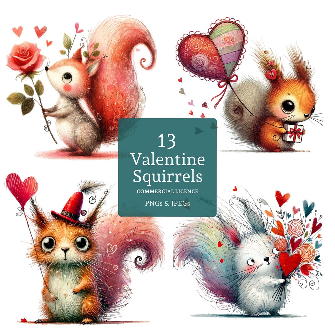 Valentine Squirrel Clipart, 13 High Quality Pngs/jpgs, Whimsical ...