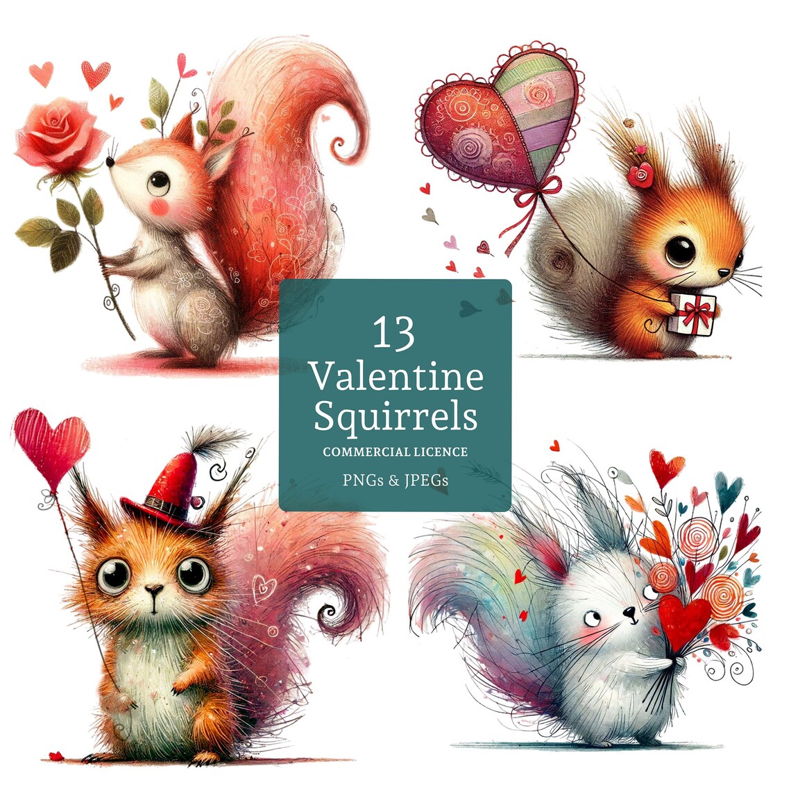 Valentine Squirrel Clipart, 13 High Quality Pngs/jpgs, Whimsical ...