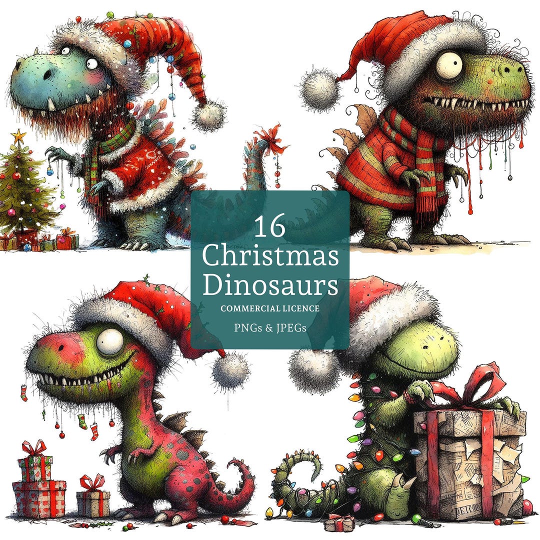 Christmas Dinosaur Clipart, 16 High Quality Pngs/jpgs, Festive Dino ...