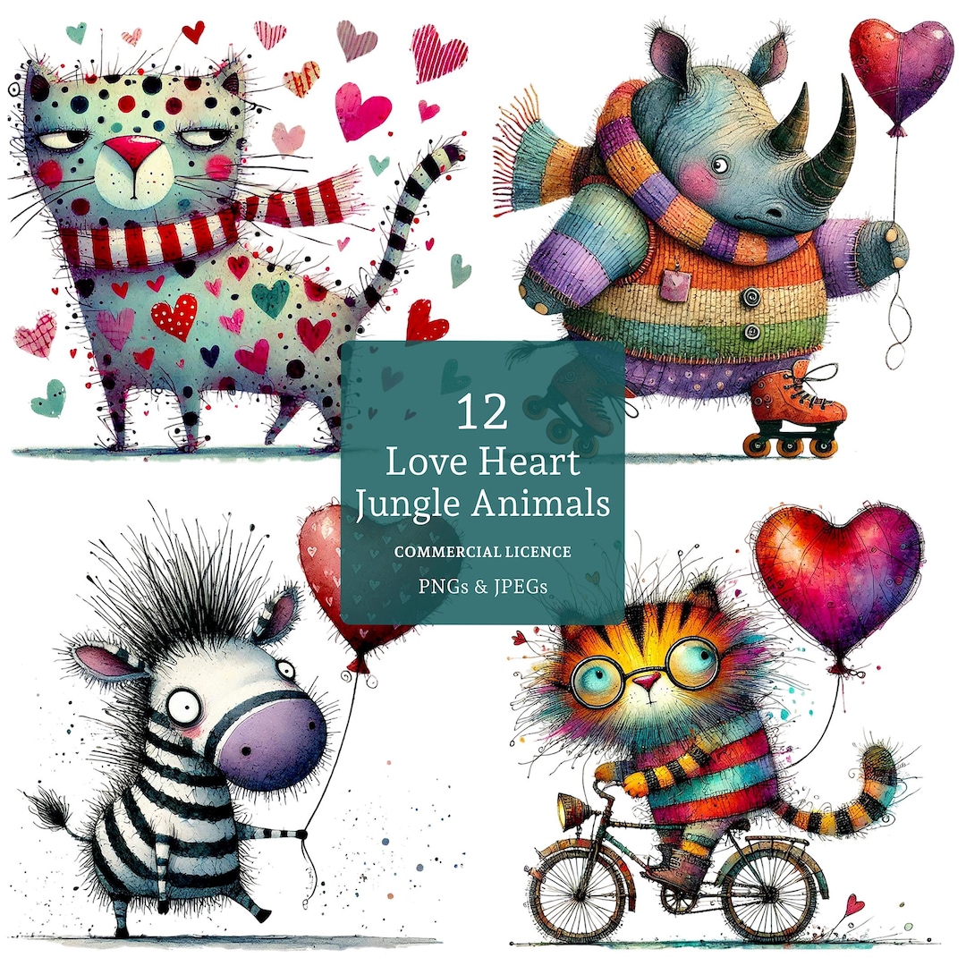 Jungle Love Animal Clipart, 12 High Quality Pngs/jpgs, Funny Valentine ...