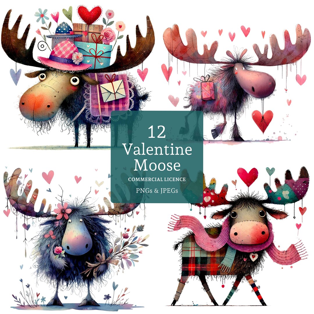 Love Heart Moose Clipart, 12 High Quality Pngs/jpgs Quirky Valentine ...