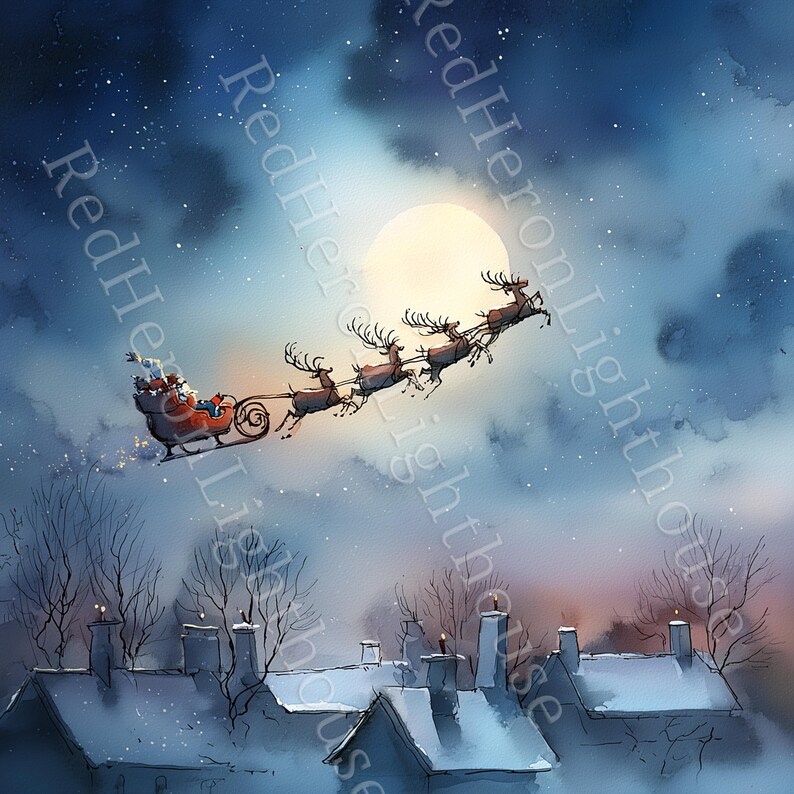Santa Sleigh Clip Art, Watercolour Fantasy Christmas Eve Night Sky, 16 ...