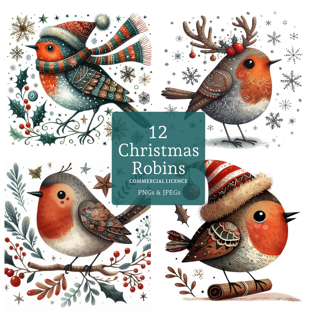 Cute Christmas Robin Clipart Set, 16 Pngs/jpgs, Festive Bird Ephemera ...