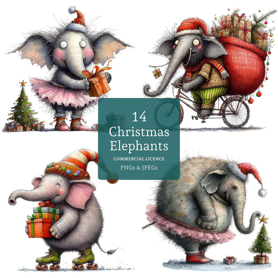 Christmas Elephant Clipart, 14 High Quality Pngs/jpgs, Cute Festive ...