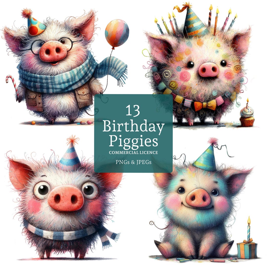 Birthday Pig Clipart, 13 High Quality Pngs/jpgs, Cute Kid's Party ...