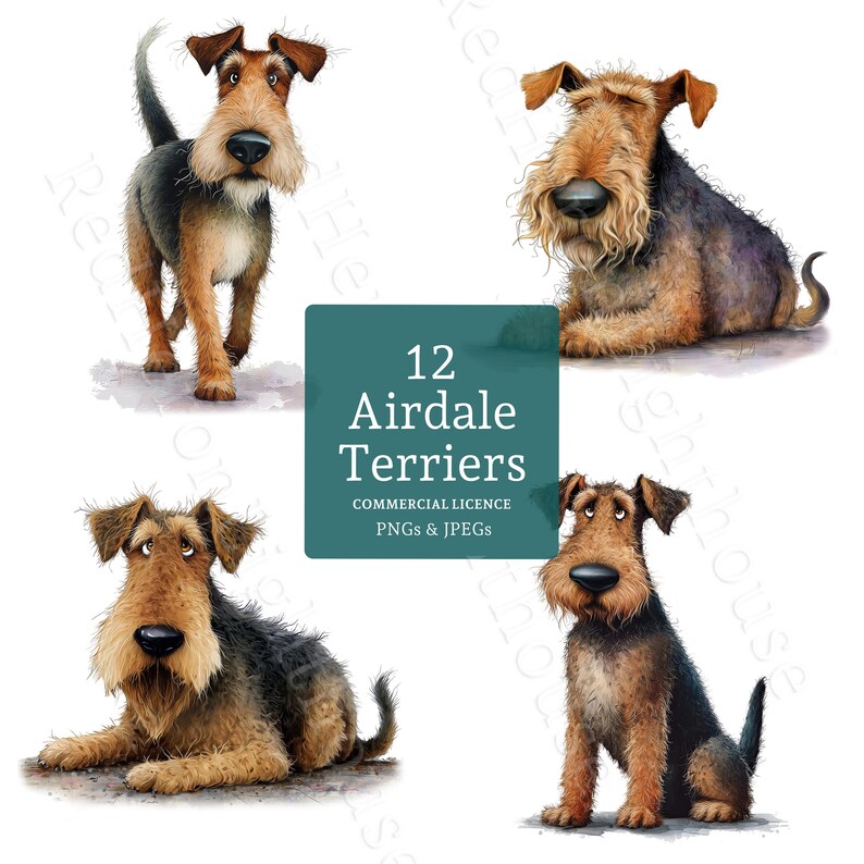 Airedale Clip Art: Watercolour Whimsical Dog Breed Ephemera, 12 Pngs ...